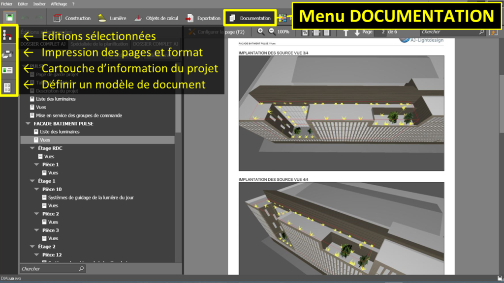 DIALux evo 8 : explications des principaux menus