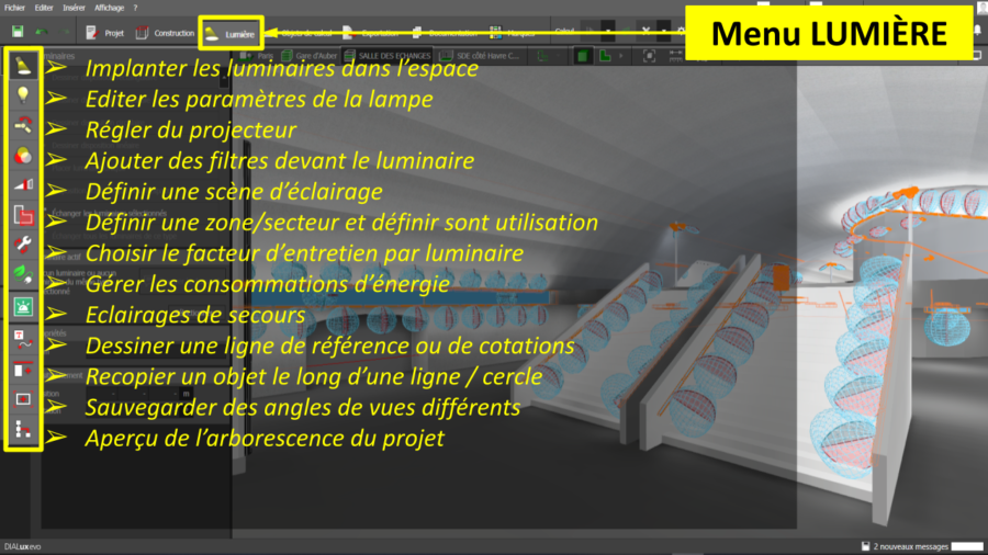 DIALux evo 11 : explications des principaux menus