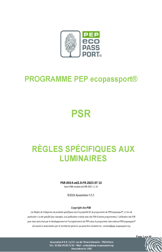PSR 14 : règles spécifiques aux luminaires, PEP ecopassport